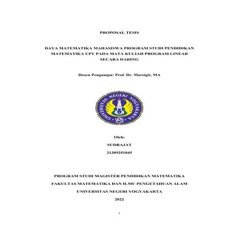 TUGAS AKHIR PROPOSAL TESIS DAYA MATEMATIKA OLEH SUDRAJAT 21309251045 | PDF