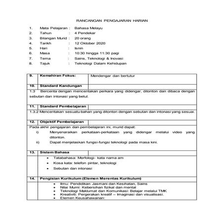 RPH Bahasa Melayu Tahun 4 (Tema Sains, Teknologi & Inovasi) | DOCX