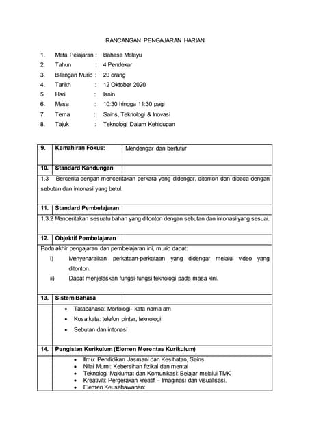 Contoh RPH BM Tahun 4 (PdPr) | PDF