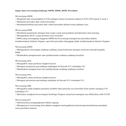 Tugas dan wewenang lembaga mpr, dpr, dpd, presiden | DOCX