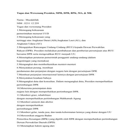 Tugas dan wewenang presiden, mpr, dpr, bpk, ma, & mk | PDF