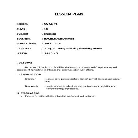 Tugas lesson plan reading | PDF