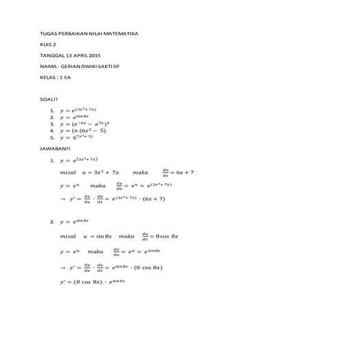 Tugas Perbaikan Nilai Matematika Kuis 2 | DOCX