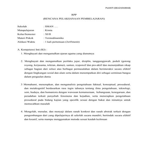 Tugas rpp termodinamika kimia | DOC