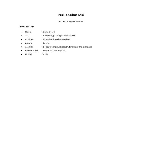 Perkenalan Diri dan Biodata Diri Lia Indriani | DOCX