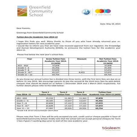 Tuition Fees for SY 2014-15 - Greenfield Community School | PDF