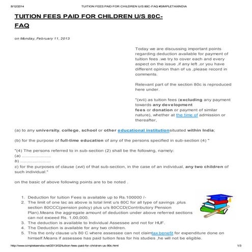 Tuition fees paid for children u s 80 c-faq #simpletaxindia | PDF