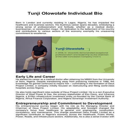 Tunji Olowolafe Individual Bio & Portfolio | PDF | Healthcare Industry | Industries