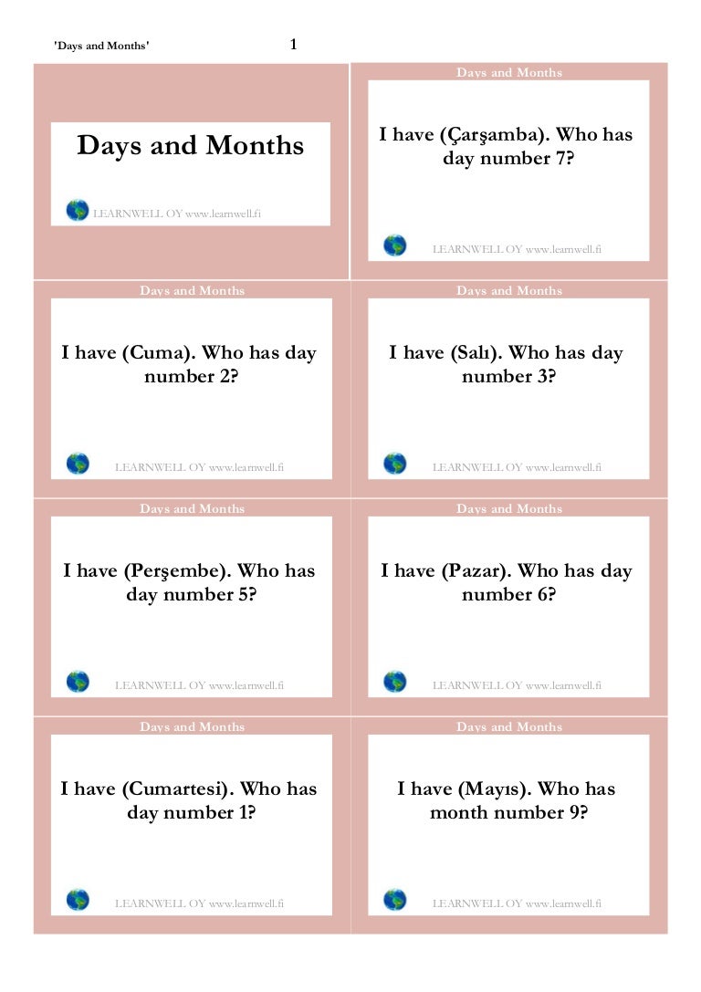 "Days and Months" Turkish - English cards
