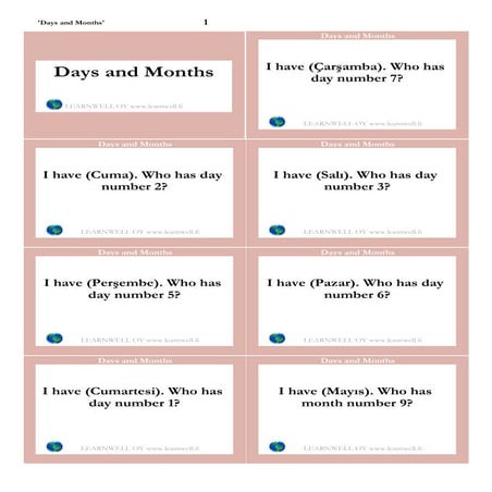 "Days and Months" Turkish - English cards | PDF