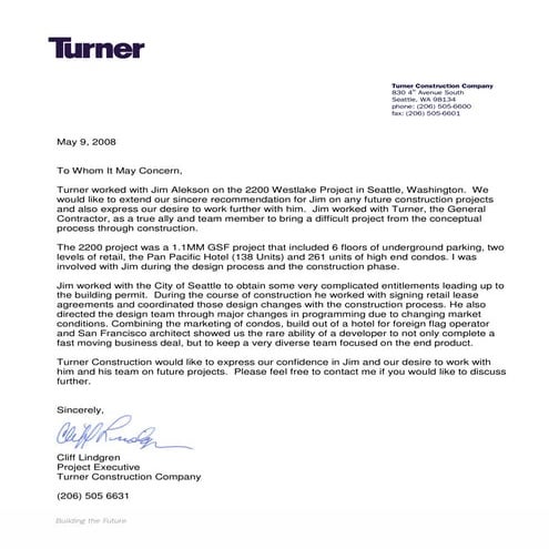 Turner Construction Letter Of Recommendation | PDF