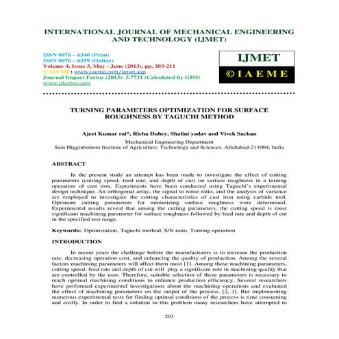 Turning Parameters Optimization For Surface Roughness By Taguchi Method