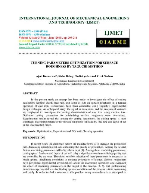 Turning Parameters Optimization For Surface Roughness By Taguchi Method