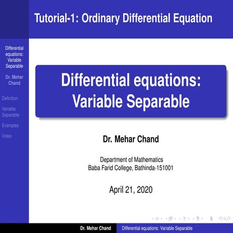 Tutorial 1 Differential Equations Variable Separable Ppt 