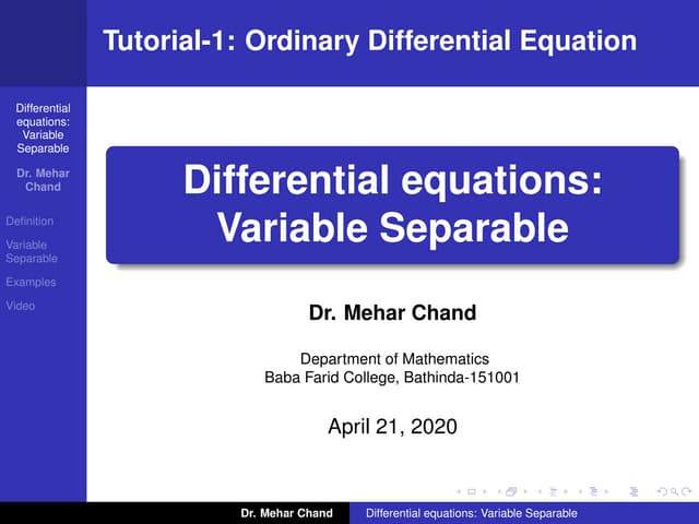Tutorial 1 Differential Equations Variable Separable Ppt