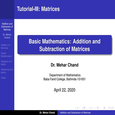 Tutorial 3: Matrices-Addition and Subtraction of Matrices | PPT