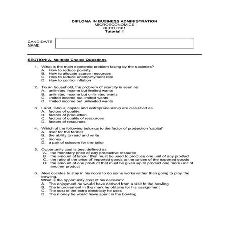 Microeconomics (Tutorial 1) | PDF