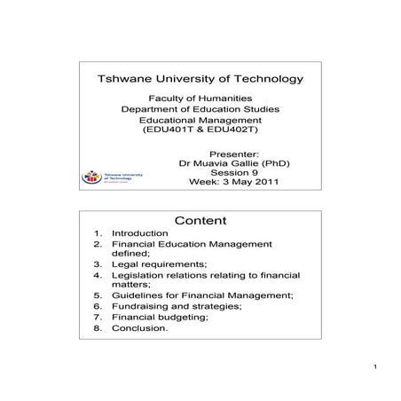 TUT EDU401 Session 9 Theme 6 Financial Management of Schools | PDF