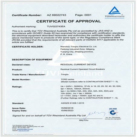 RCCB RCD AS/NZS 61008 TUV Certificate | PDF
