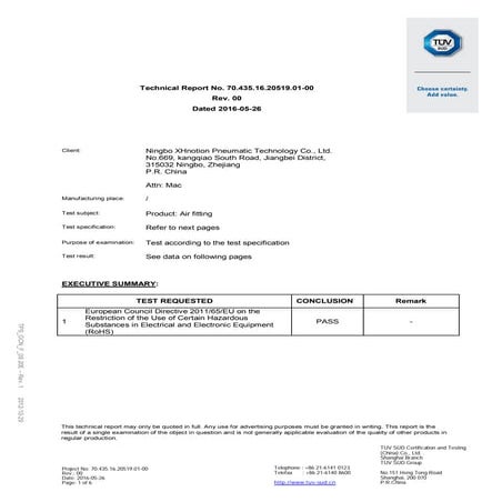 Tuv ROHS certificate --plastic pneumatic push in fittings | PDF ...