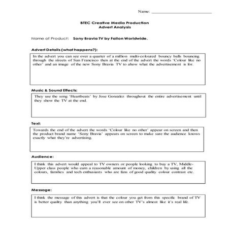Tv advert detailed analysis for unit 18 | DOCX