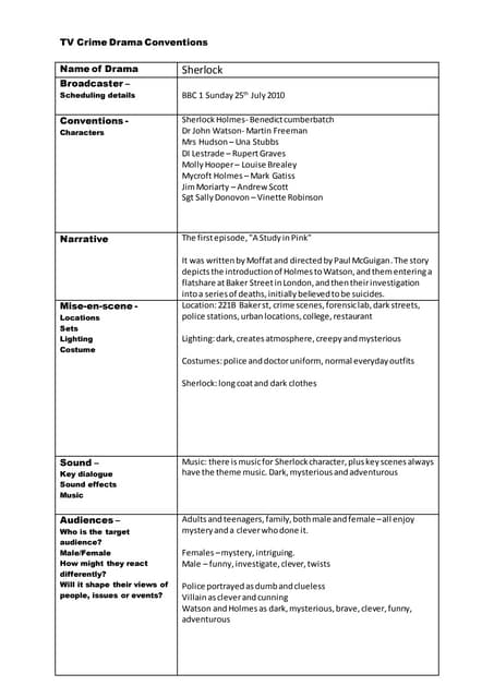 TV crime drama conventions worksheet Sherlock | PDF