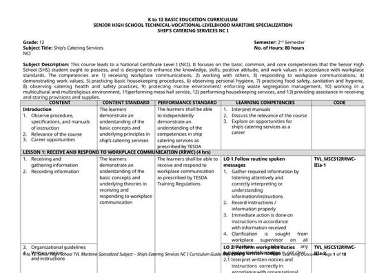 food and beverages curriculum guide senior high school | PDF