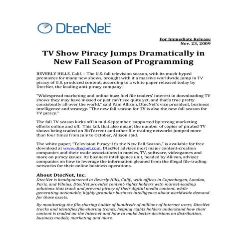 TV Piracy Jumps In Fall DtecNet Release | PDF