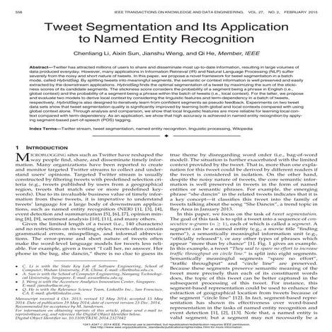 Tweet Segmentation and Its Application to Named Entity Recognition | PDF