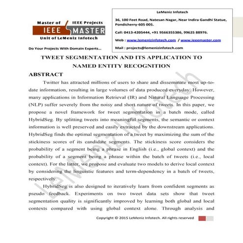 Tweet Segmentation And Its Application To Named Entity Recognition Pdf