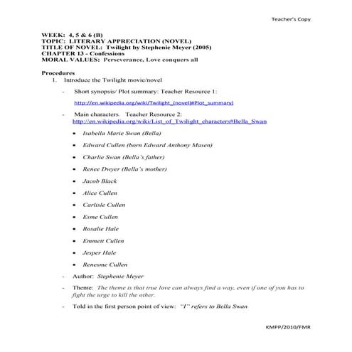 Twilight novel, teachers' worksheet | DOC