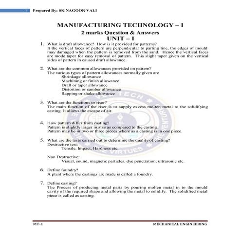 Manufacturing Technology-I | PDF