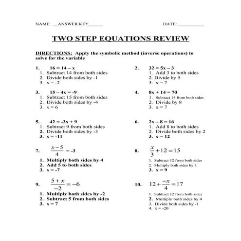 Two step equations review key | DOC