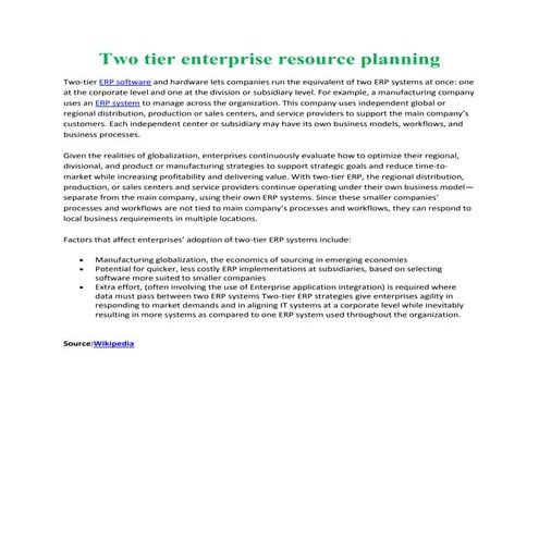 Two tier enterprise resource planning | PDF