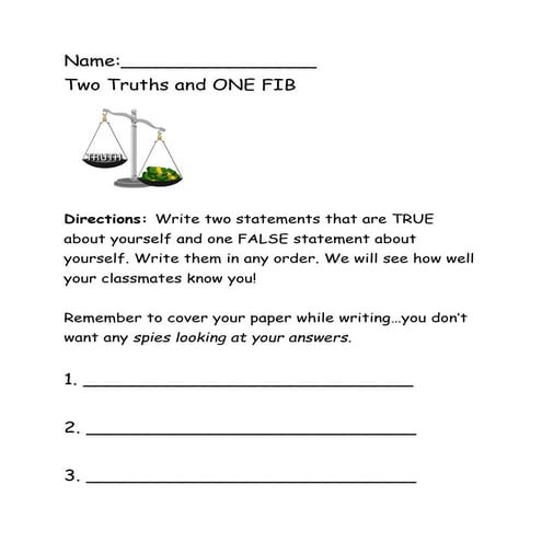 Two Truths and a Fib game for classroom. | PDF