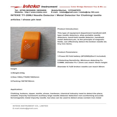 HOTSELL INTEKE Handtype Needle Detector / Metal Detector TY-20MJ | PDF