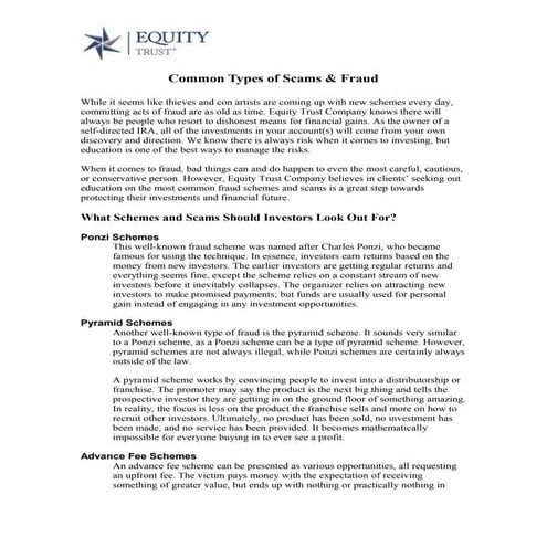 Equity Trust Company: Common Types of Scams & Fraud | PDF