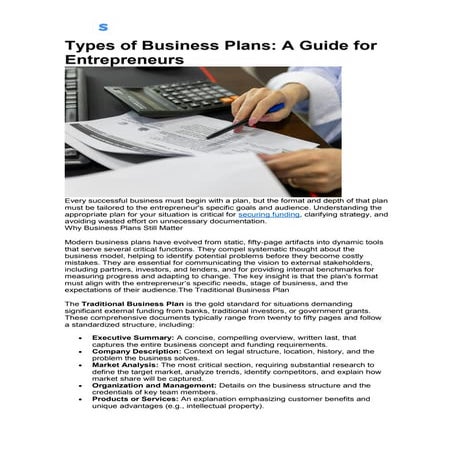 Types of Business Plans A Guide For Entrepreneurs | PDF
