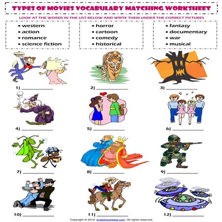 Types of films movies esl vocabulary matching exercise worksheet | PDF