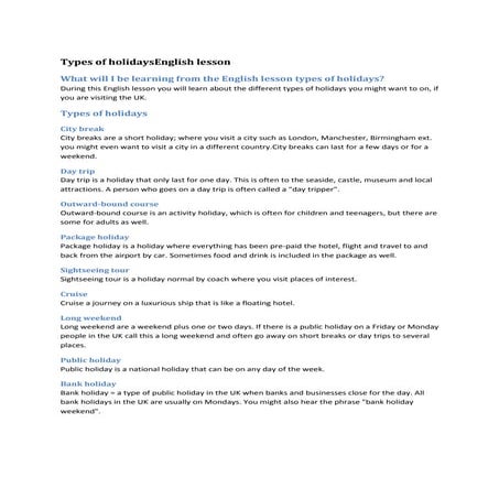 Types of holidays learning English lesson | DOCX