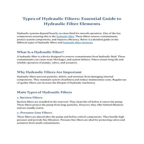 Types of Hydraulic Filters | Complete Guide to Hydraulic Filter ...