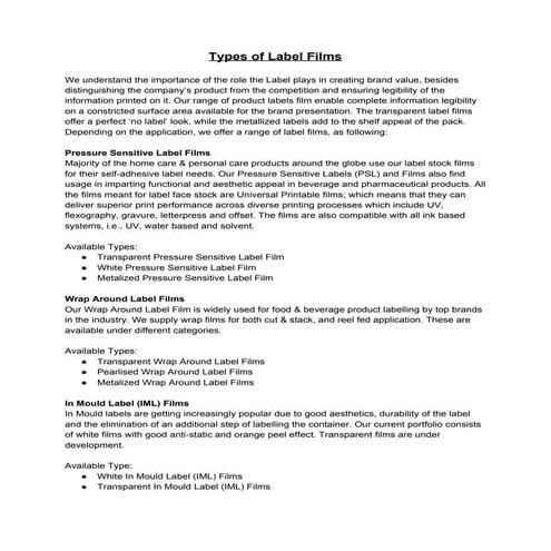 Types of label films | PDF | Food & Drink