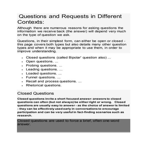 Types of questions and requests in different contexts | PDF