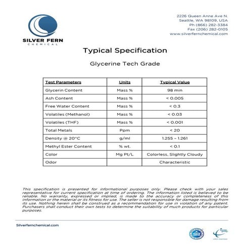 Typical specification of glycerine tech grade | PDF