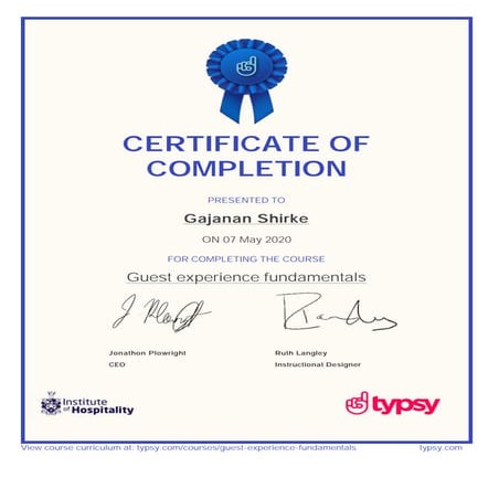 Typsy certificate gajanan shirke - guest experience fundamentals | PDF