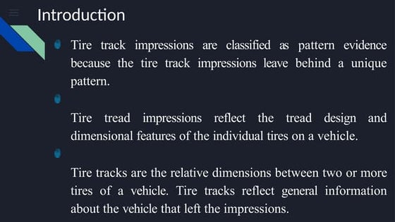 Tire track and Tire Impression | Physical Evidence | Forensic Science ...