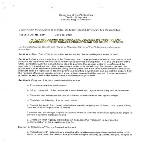 RA 9211 An Act Regulating the Packaging, Use, Sale Distribution and Advertisements of Tobacco ...