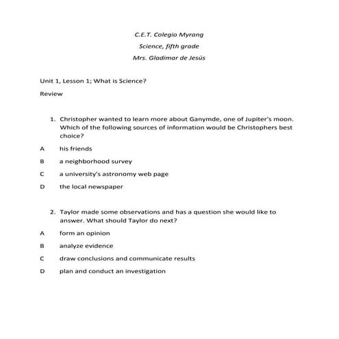 U 1 lesson 1: What is science? review | DOC | Science