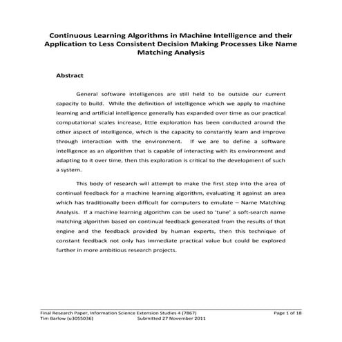 Continuous Learning Algorithms - a Research Proposal Paper | PDF
