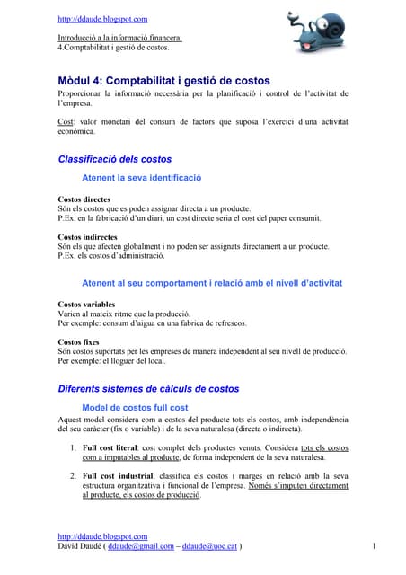 Comptabilitat de Costos; apunts | PDF